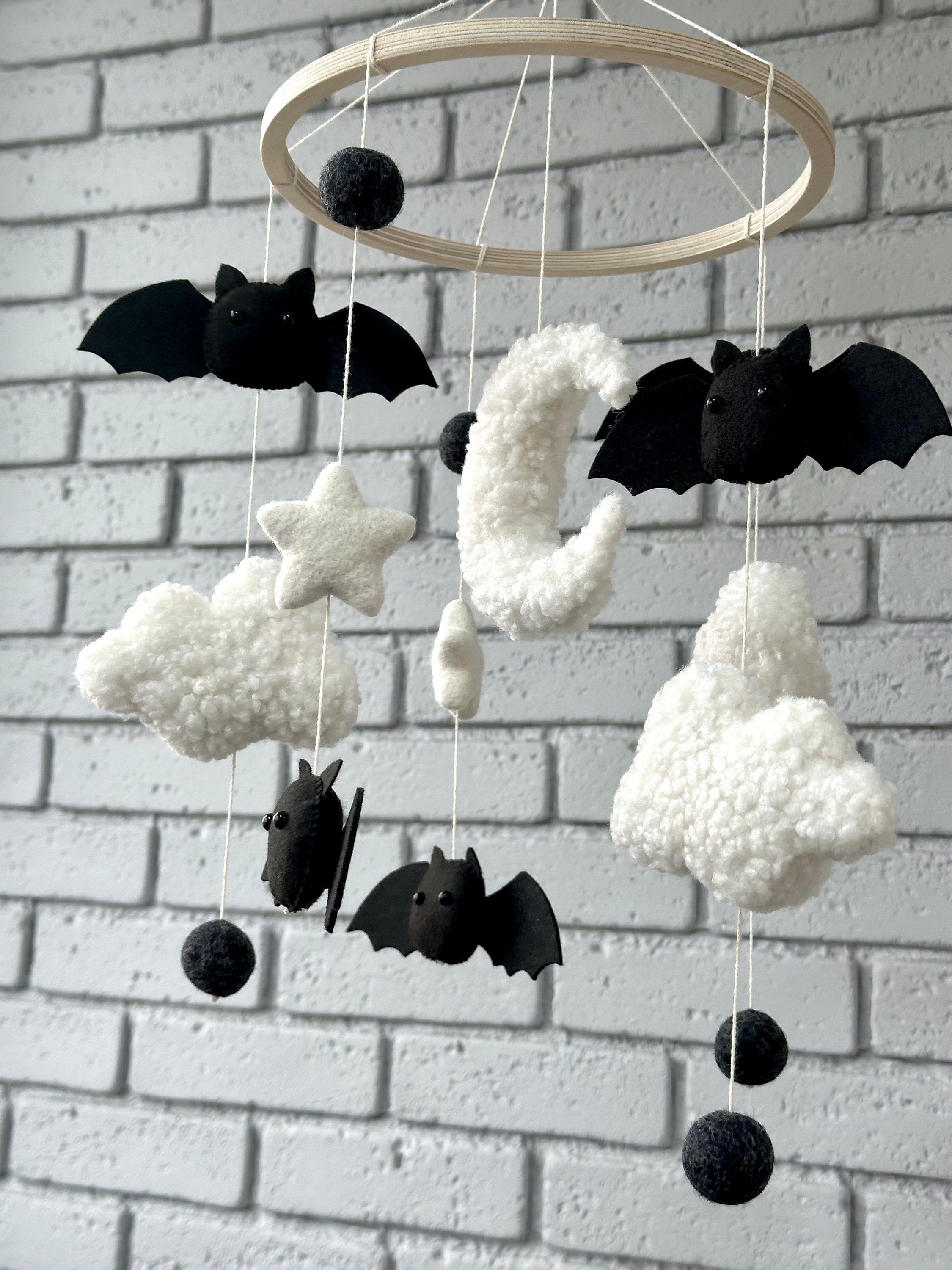 Bat Boucle Baby Mobile, White and Black Boucle Mobile, Bat Mobile for ...