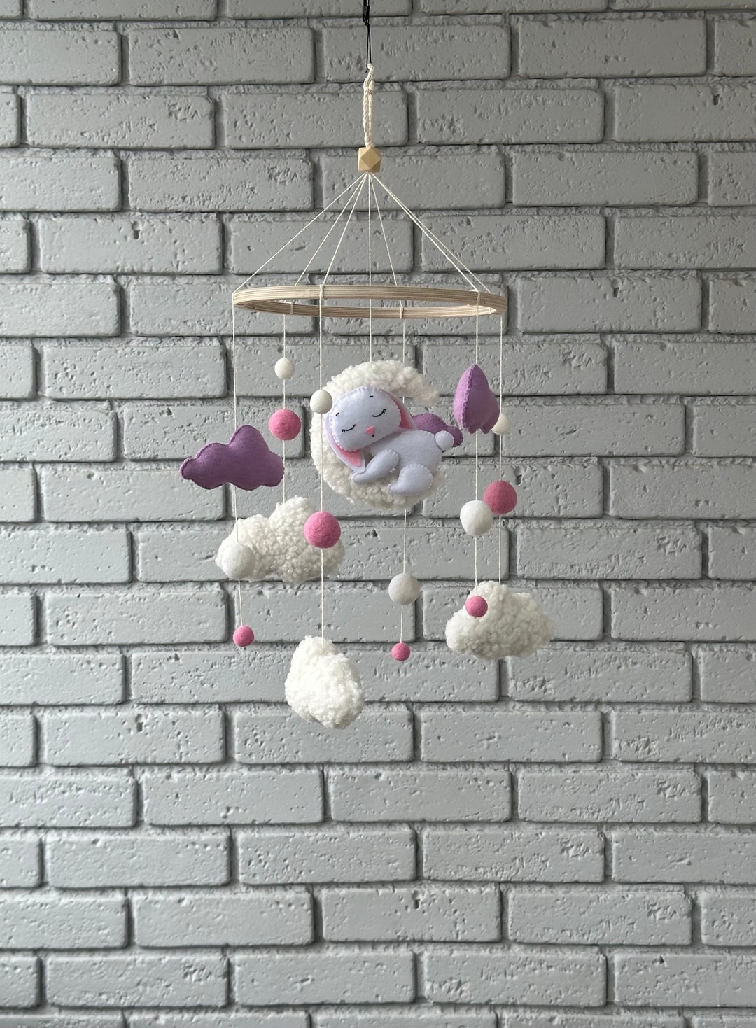 Bunny Baby Mobile, Boucle Moon and Clouds Baby Mobile, White and Pink ...