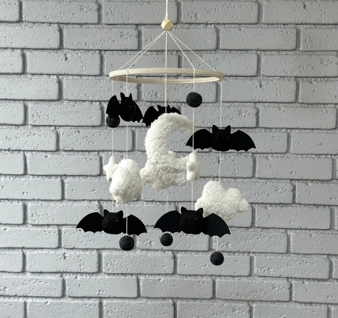 Bat Boucle Baby Mobile, White and Black Boucle Mobile, Bat Mobile for ...