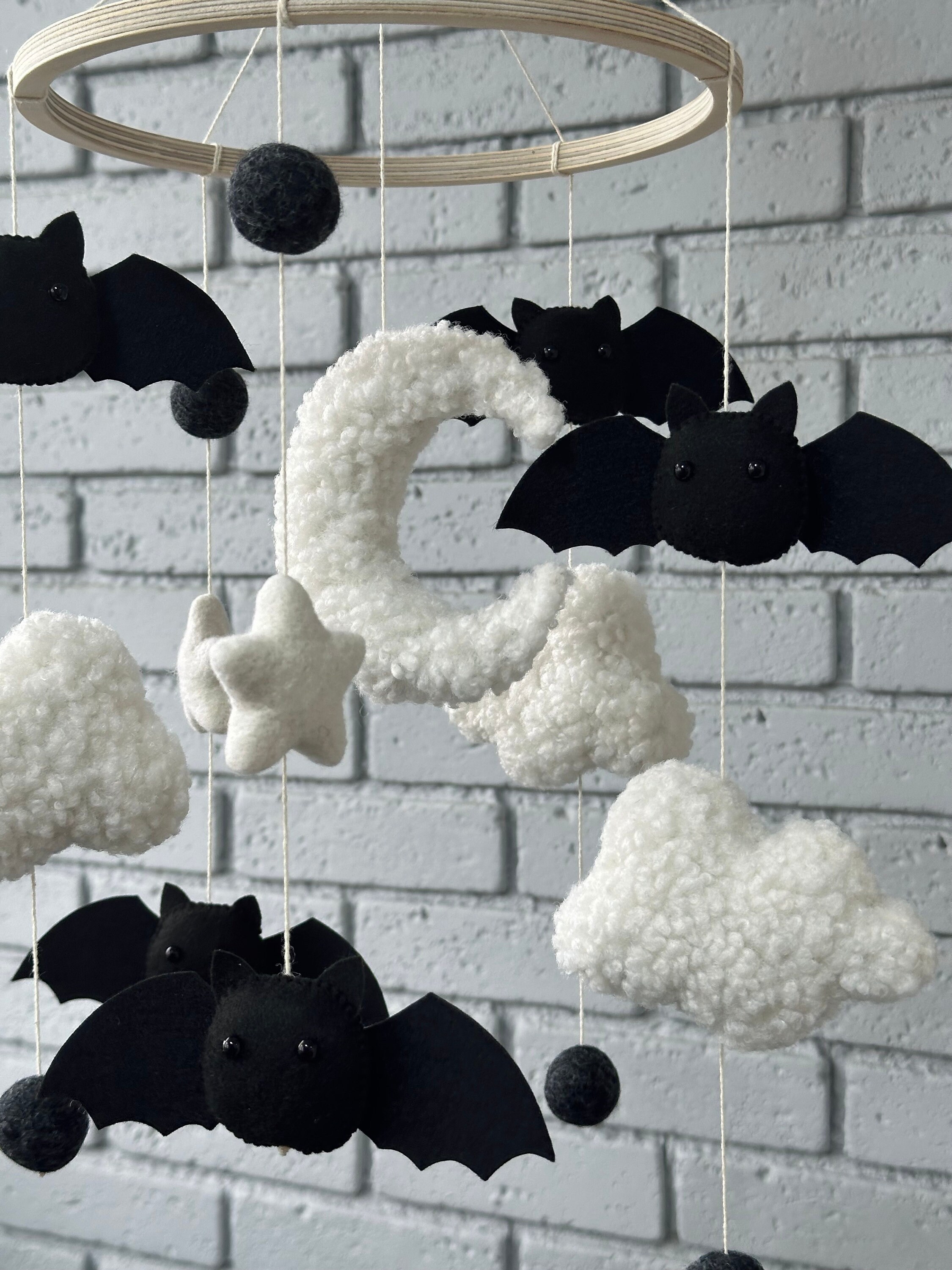 Bat Boucle Baby Mobile, White and Black Boucle Mobile, Bat Mobile for ...