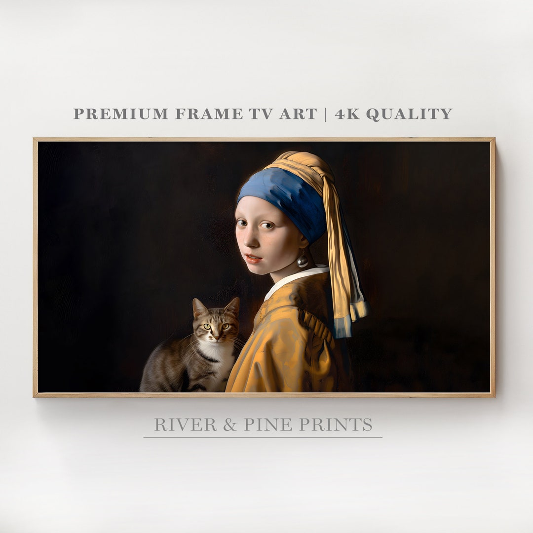 Samsung Frame TV Art, Girl With the Pearl Earring With Cat Painting ...