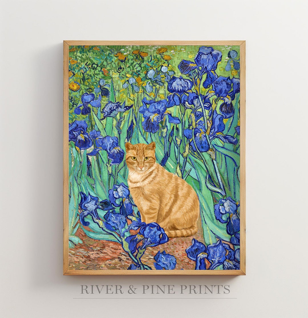 Van Gogh's Irises Orange Cat Print, Vincent Van Gogh Cat Poster, Ginger ...