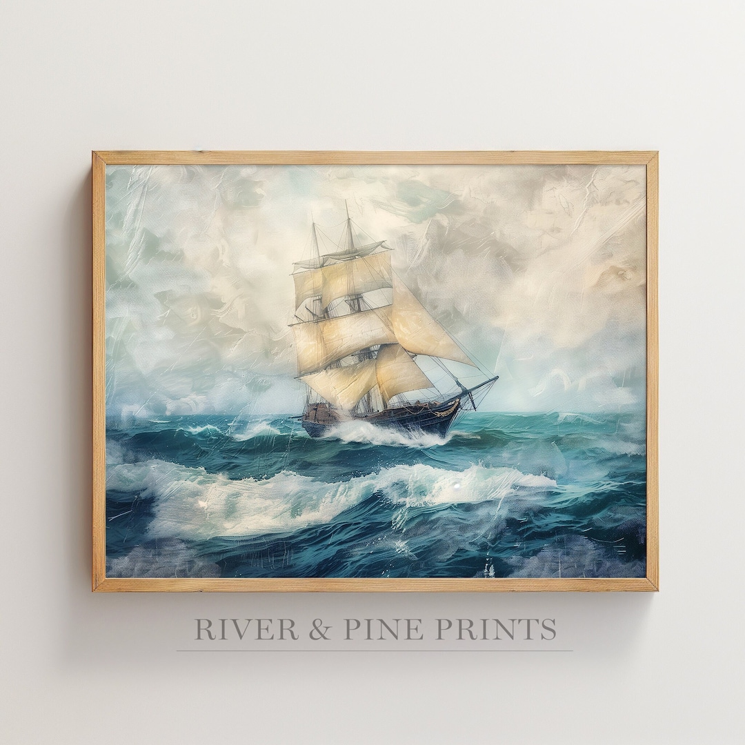 Antique Sailing Ship Print, Old Schooner, Vintage Oil Painting ...
