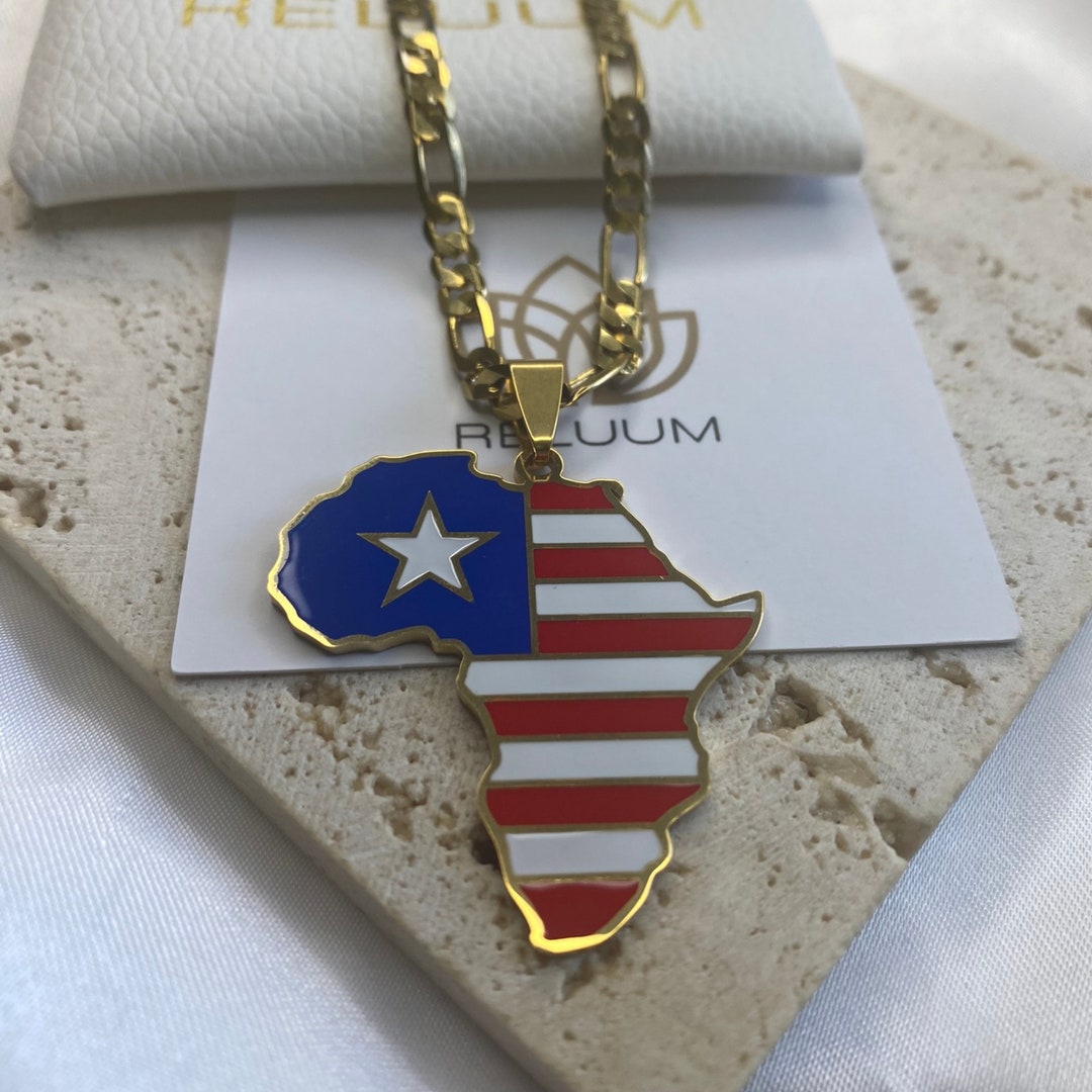Africa Map Outline Pendant Necklace Liberia Flag Charm Necklace African ...