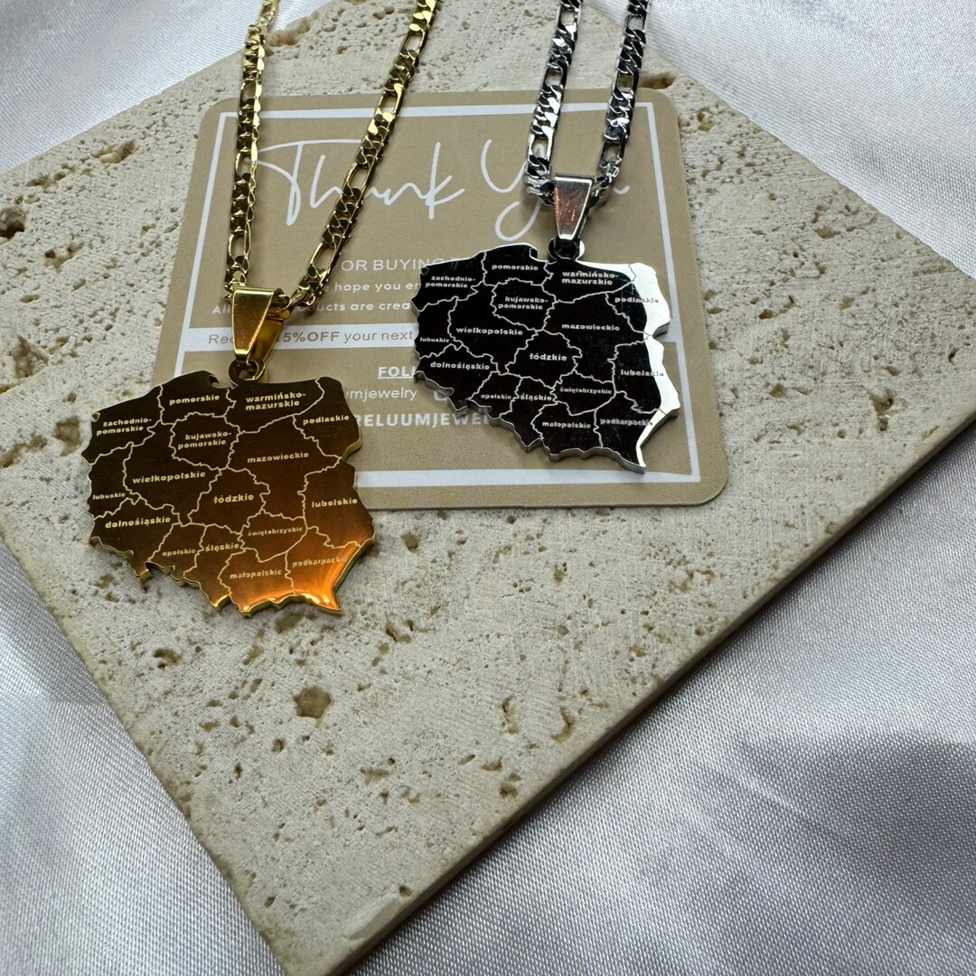 Poland Map Outline Pendant Necklace Map of Poland With City Names in ...