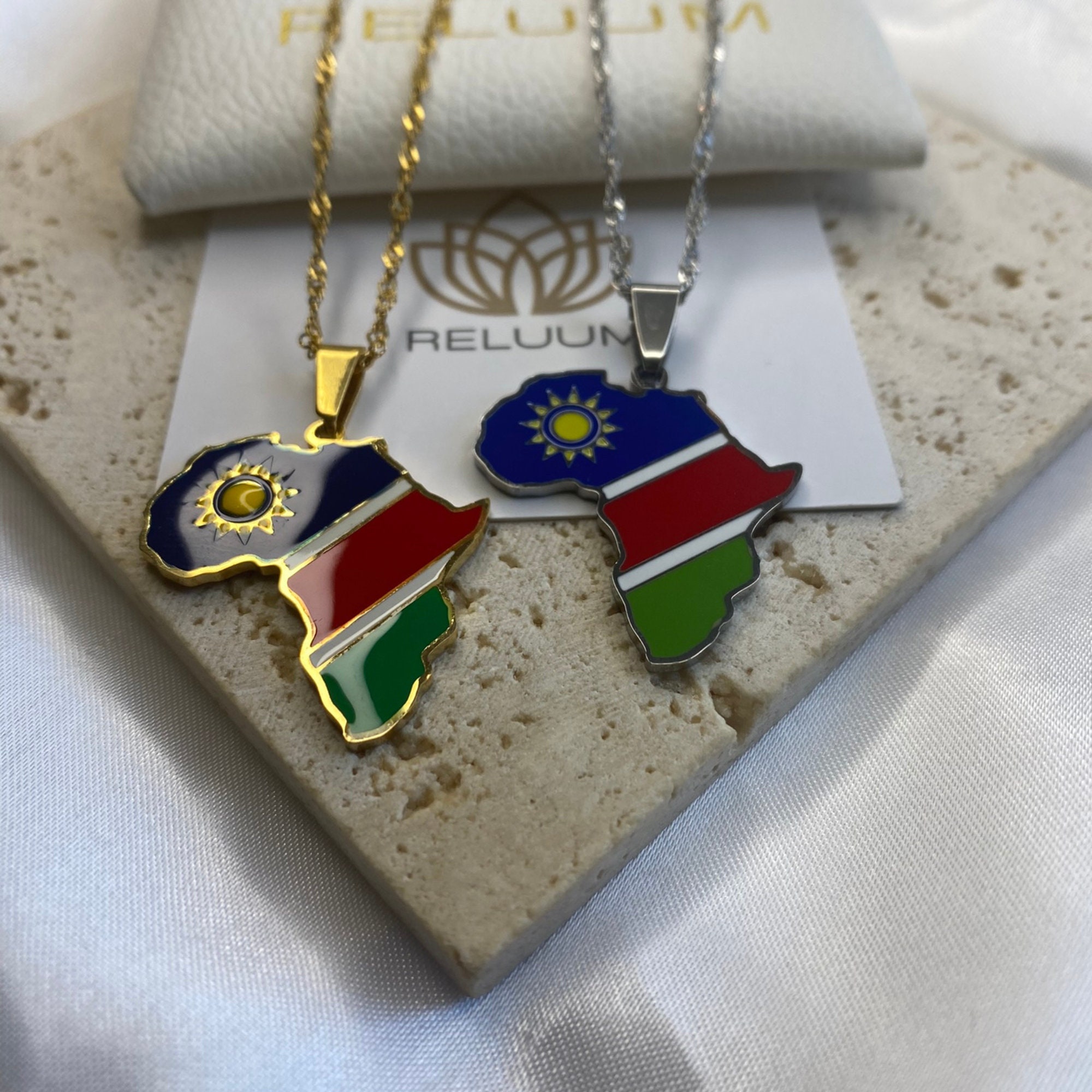 Africa Map Outline Pendant Necklace Namibia Flag Charm Necklace African ...