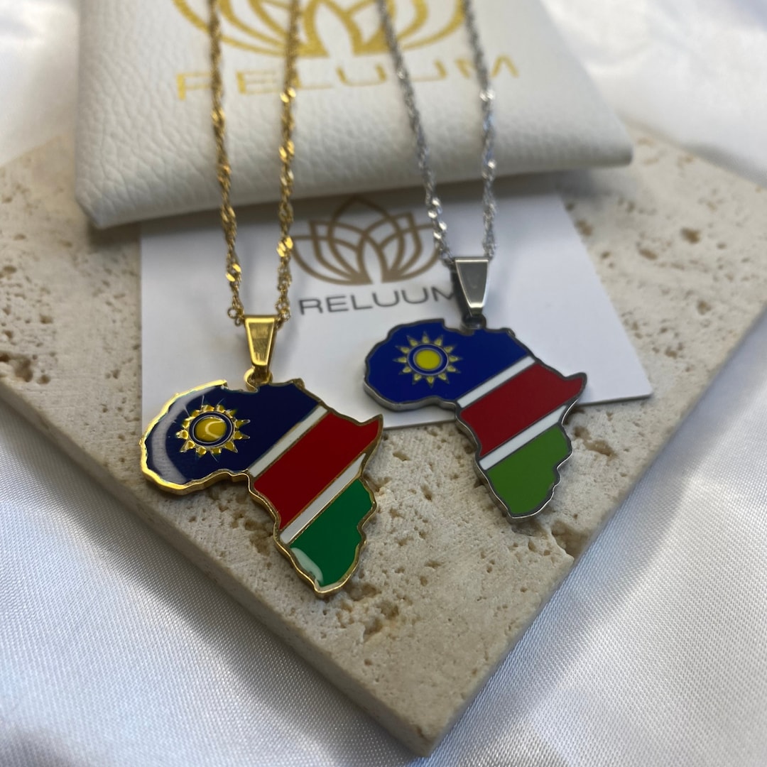 Africa Map Outline Pendant Necklace Namibia Flag Charm Necklace African ...
