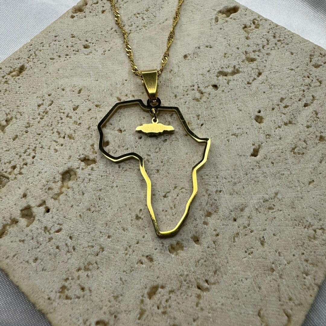 18K Gold Plated Small Jamaica Map Charm & Chain big Africa Map Outline ...