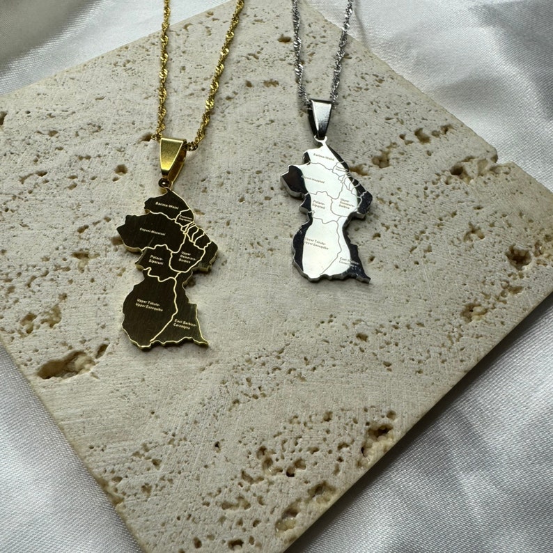 Guyana Map Outline Pendant Necklace Guyana Map With City Names Charm ...