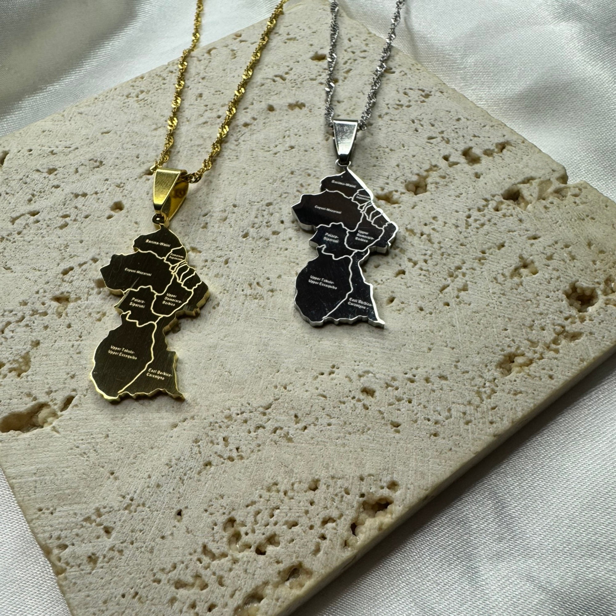 Guyana Map Outline Pendant Necklace Guyana Map With City Names Charm ...