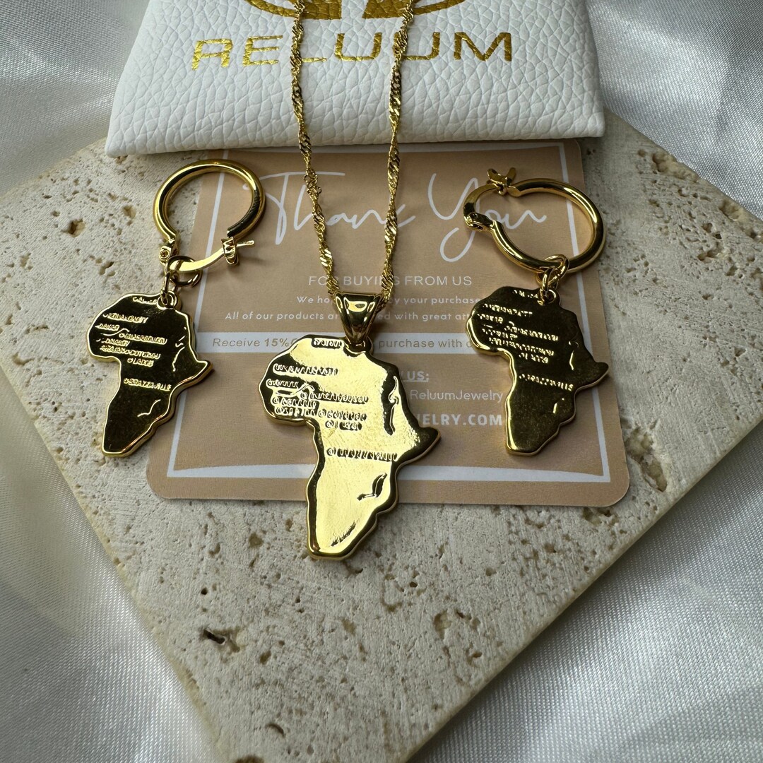 Africa Map Pendant & Earrings Set african Culture Jewelry 18K Gold ...