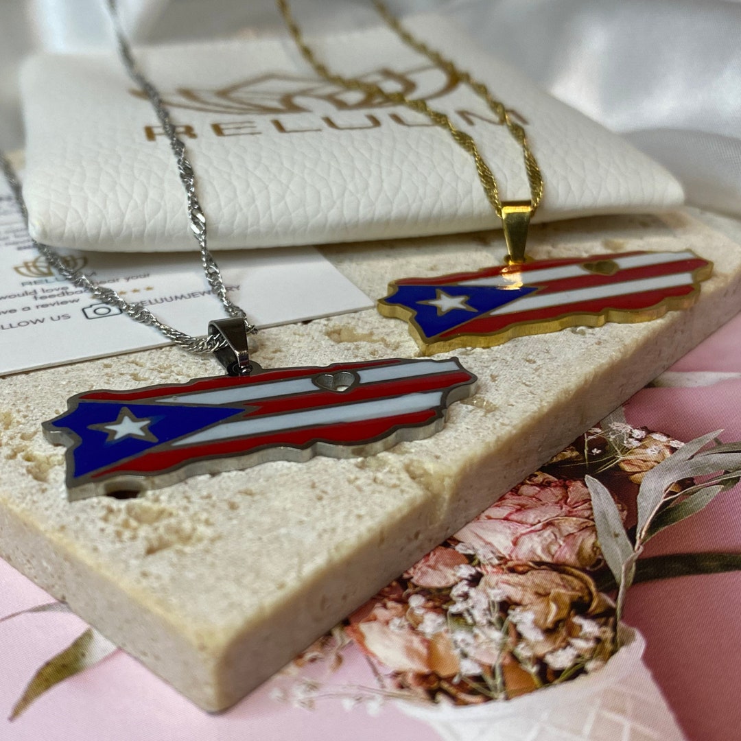Puerto Rico Map Outline Pendant Necklace puerto Rico Flag Charm ...