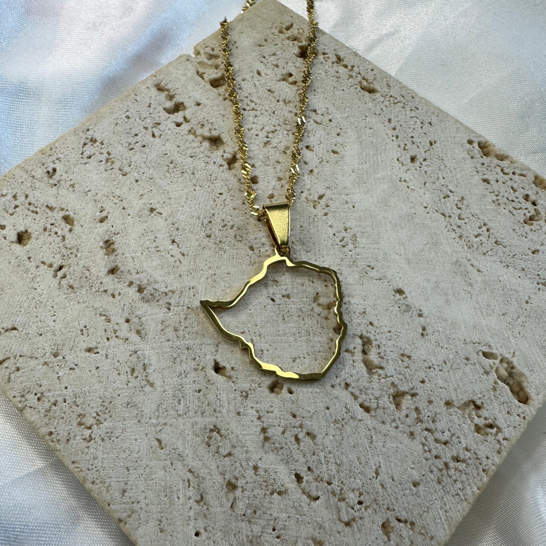 18K Gold Plated Zimbabwe Map Contour Charm & Chain zimbabwe Map Charm ...