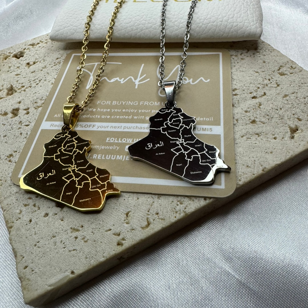 Republic of Iraq Map Outline Pendant Necklace iraq Map With City Names ...