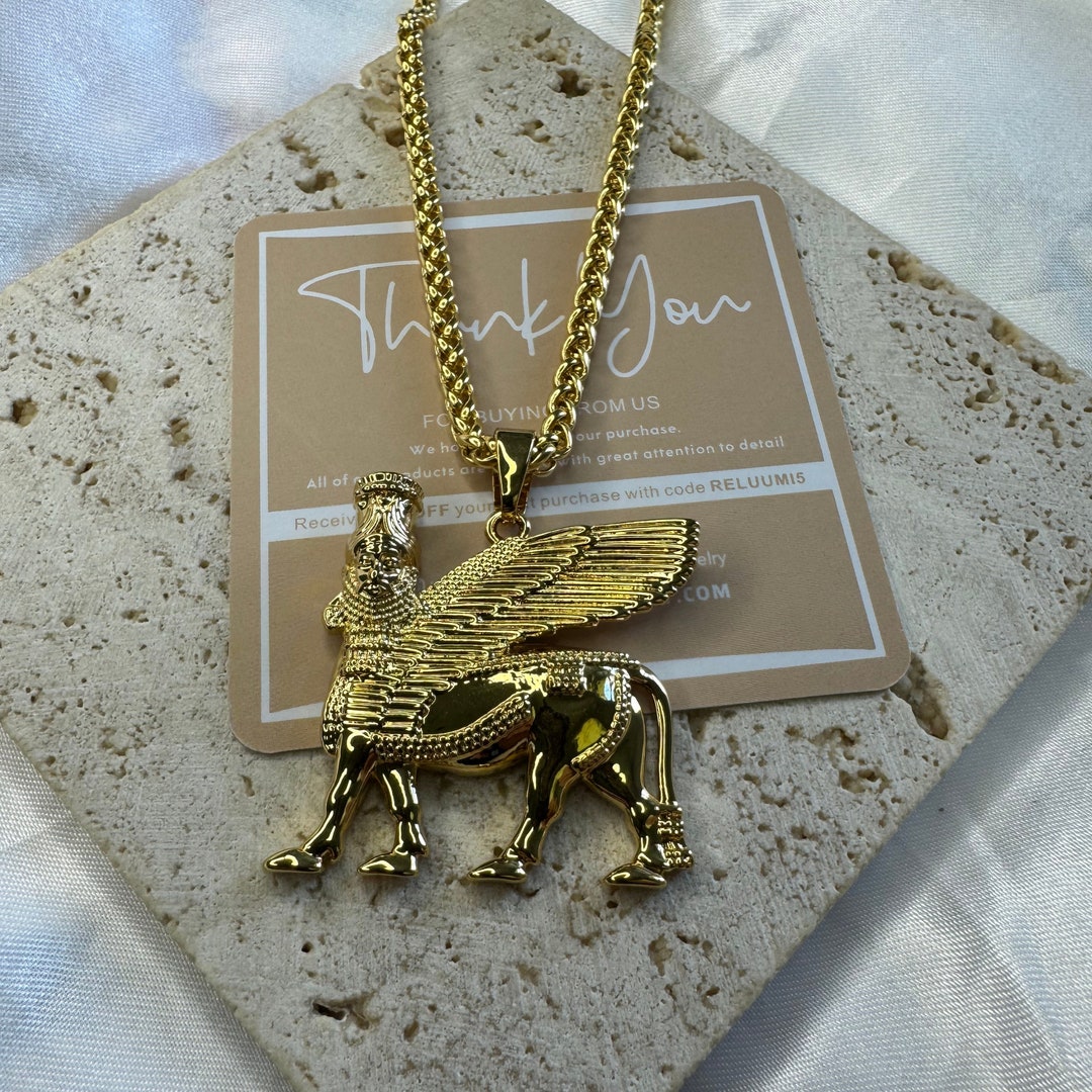 Ashur Lamma Symbol Pendant Necklace Assyrian Winged Bull Lamassu Charm ...