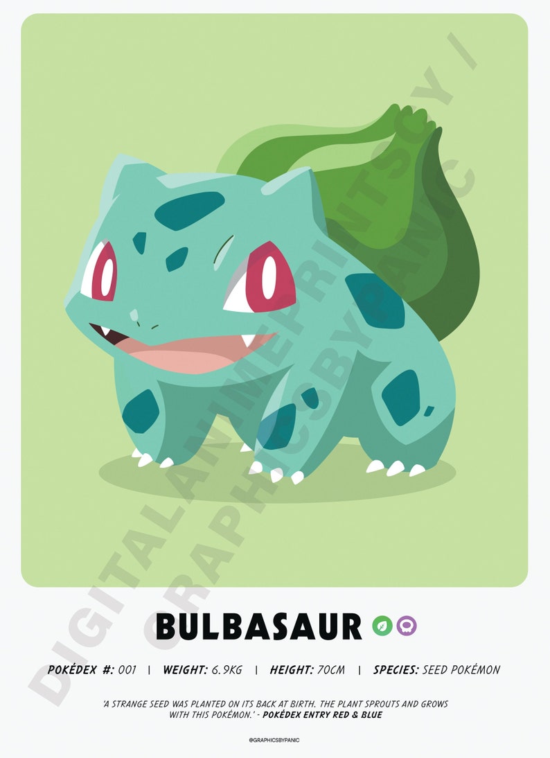 Pokemon Bulbasaur Poster Digital Print - Minimalist Pokemon Print ...