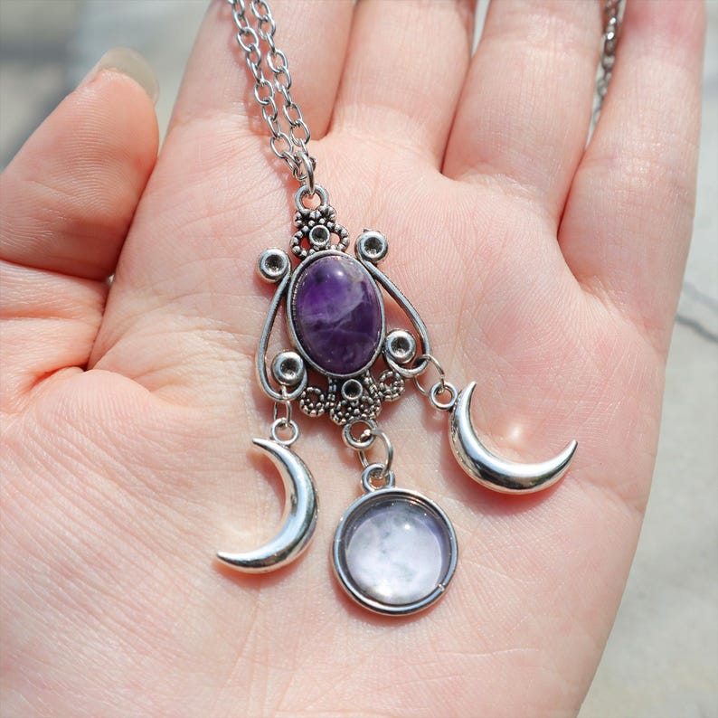 Amethyst Moon Necklace – Boho Crystal Pendant, Witchcore Jewelry, Lunar ...