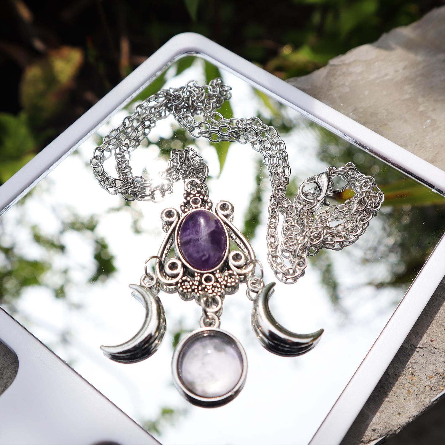 Amethyst Moon Necklace – Boho Crystal Pendant, Witchcore Jewelry, Lunar ...