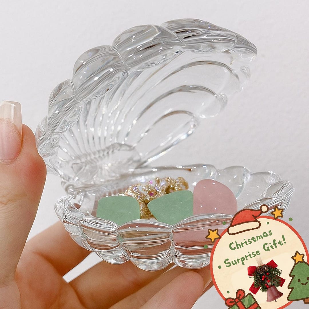 Crystal Glass Clam Shell Jewelry Box, Vintage Clear Trinket Dish, Pearl ...
