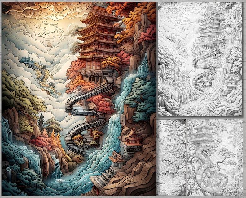 Enchanted Japanese Temple Coloring Pages, Fantasy Pagoda Printable, Zen ...