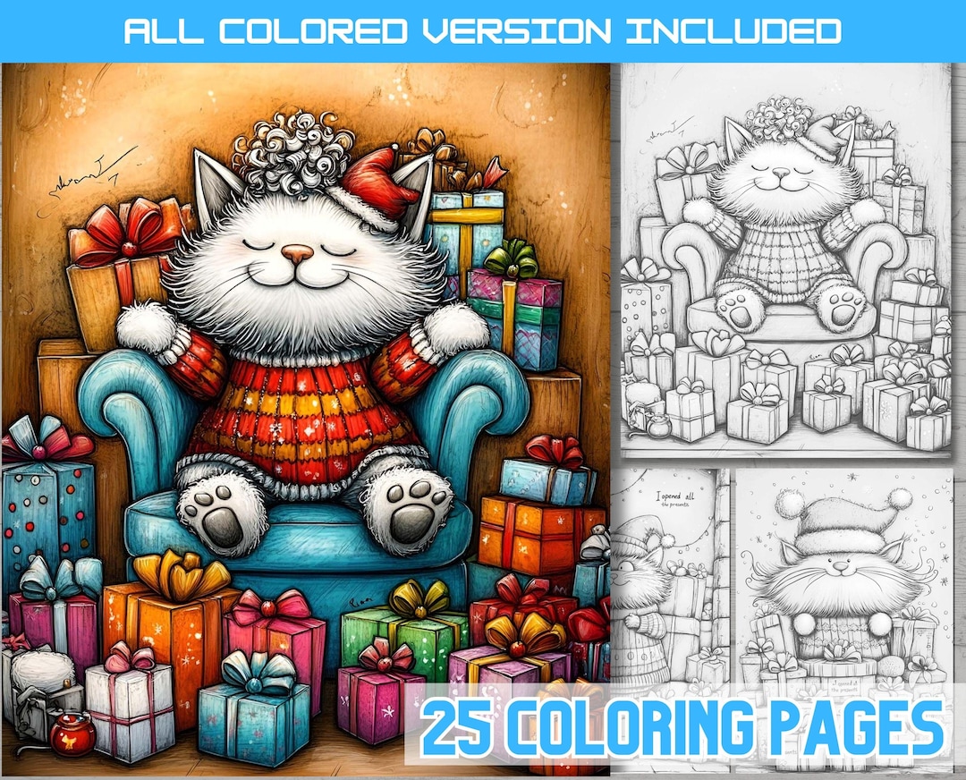 Cute Christmas Cat Coloring Book, Holiday Cats Coloring Pages, Xmas Pet ...