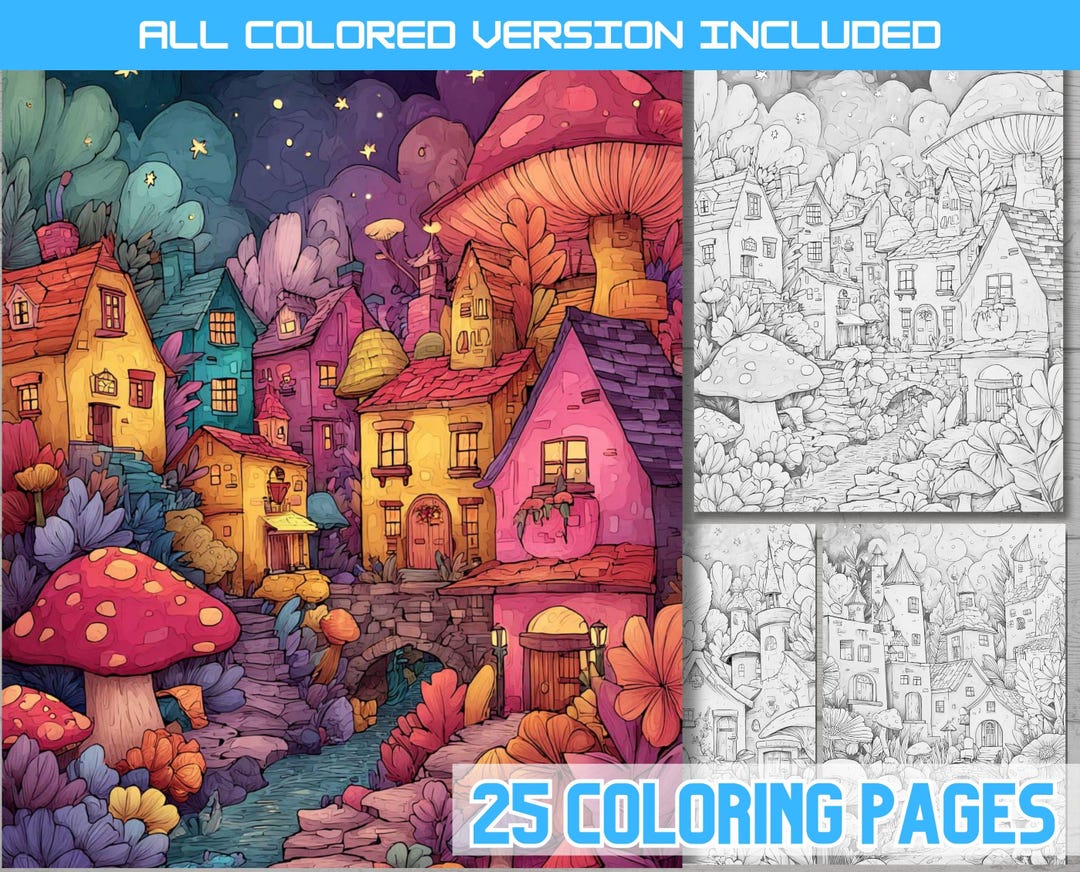 Fairytale Village Coloring Pages, Whimsical Fantasy Town Printable Art ...