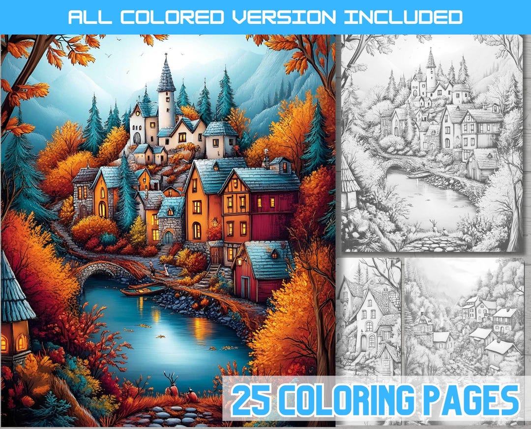 Autumn Village Coloring Book, Scenic Lake Mountain View, Mountain ...
