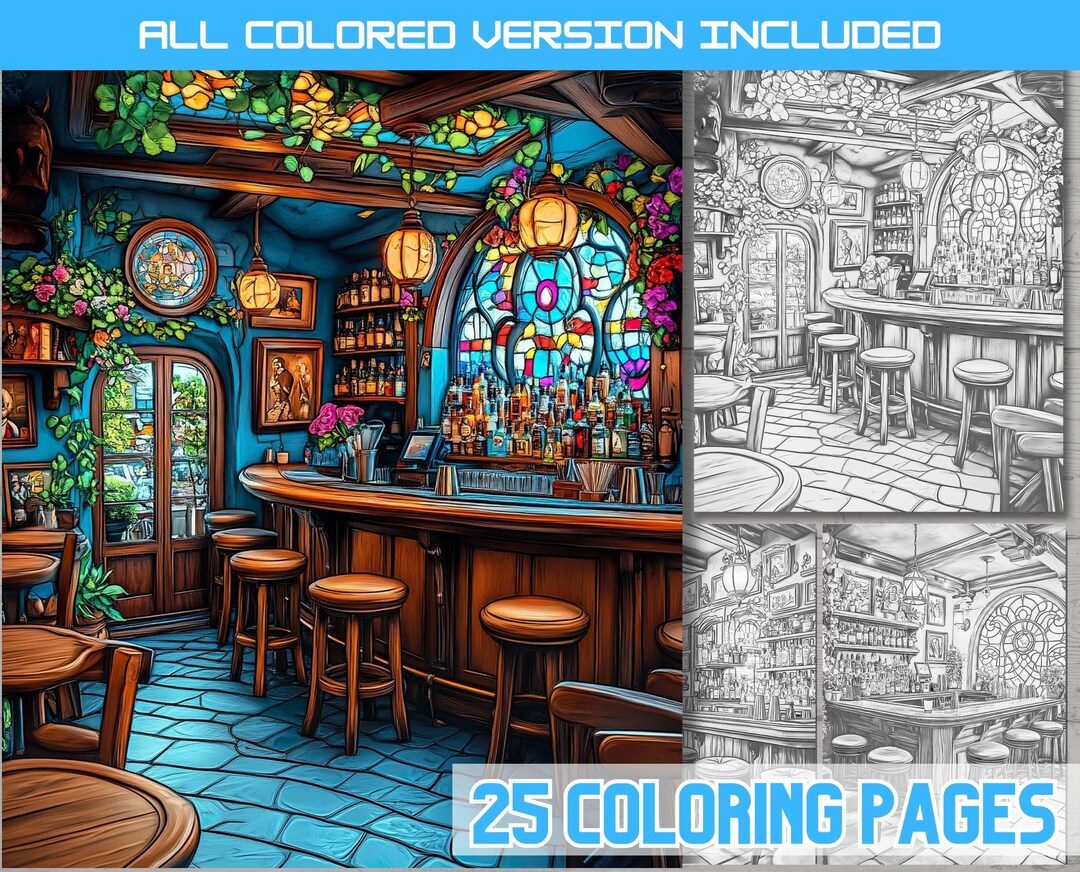 Vintage Interior of an Old Bar Coloring Book, Detailed Coloring Pages ...