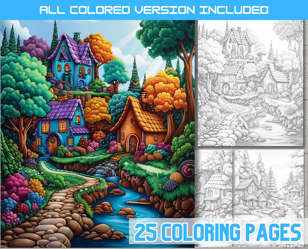 Fantasy Village Coloring Book: Magical Houses, Grayscale & Color (PDF ...