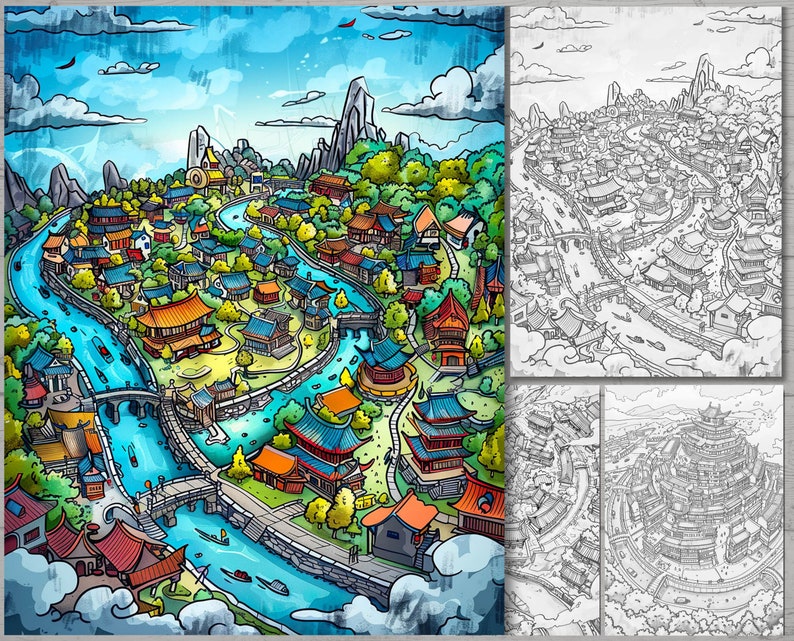 Ancient China Town Map Coloring Pages: Kids & Adults (digital Download ...