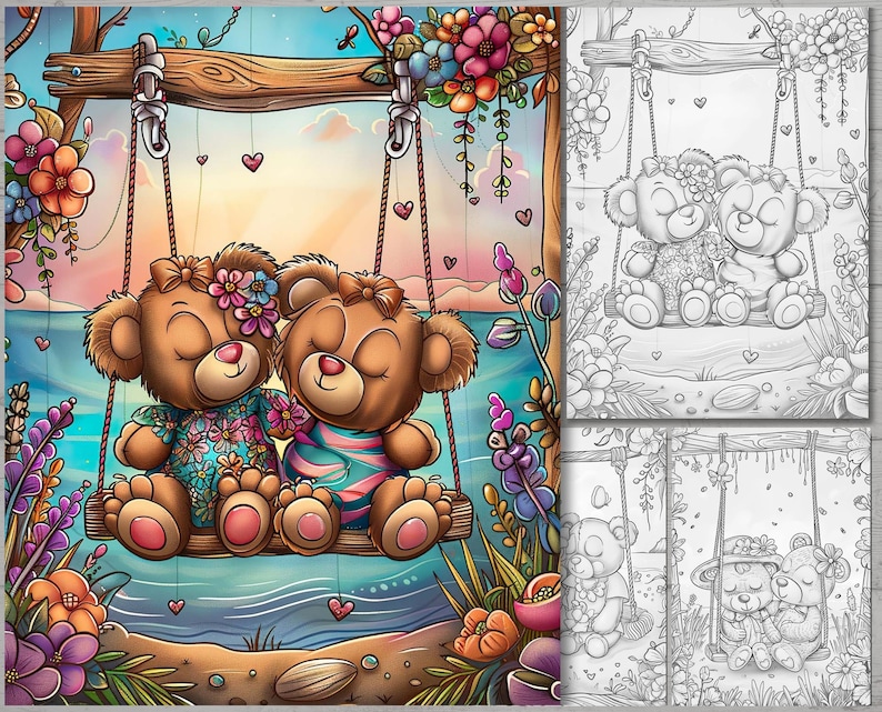 Cute Teddy Bear Coloring Book, Adorable Love Flowers and Bears, Sweet ...
