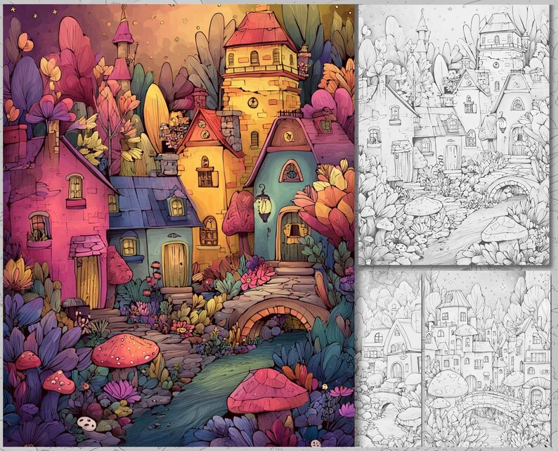 Fairytale Village Coloring Pages, Whimsical Fantasy Town Printable Art ...