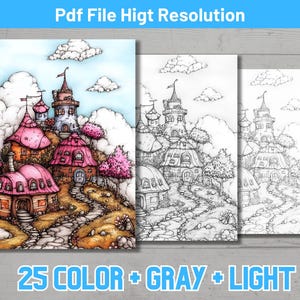 Whimsical Fantasy Village Coloring Page - Printable Fairytale Houses ...
