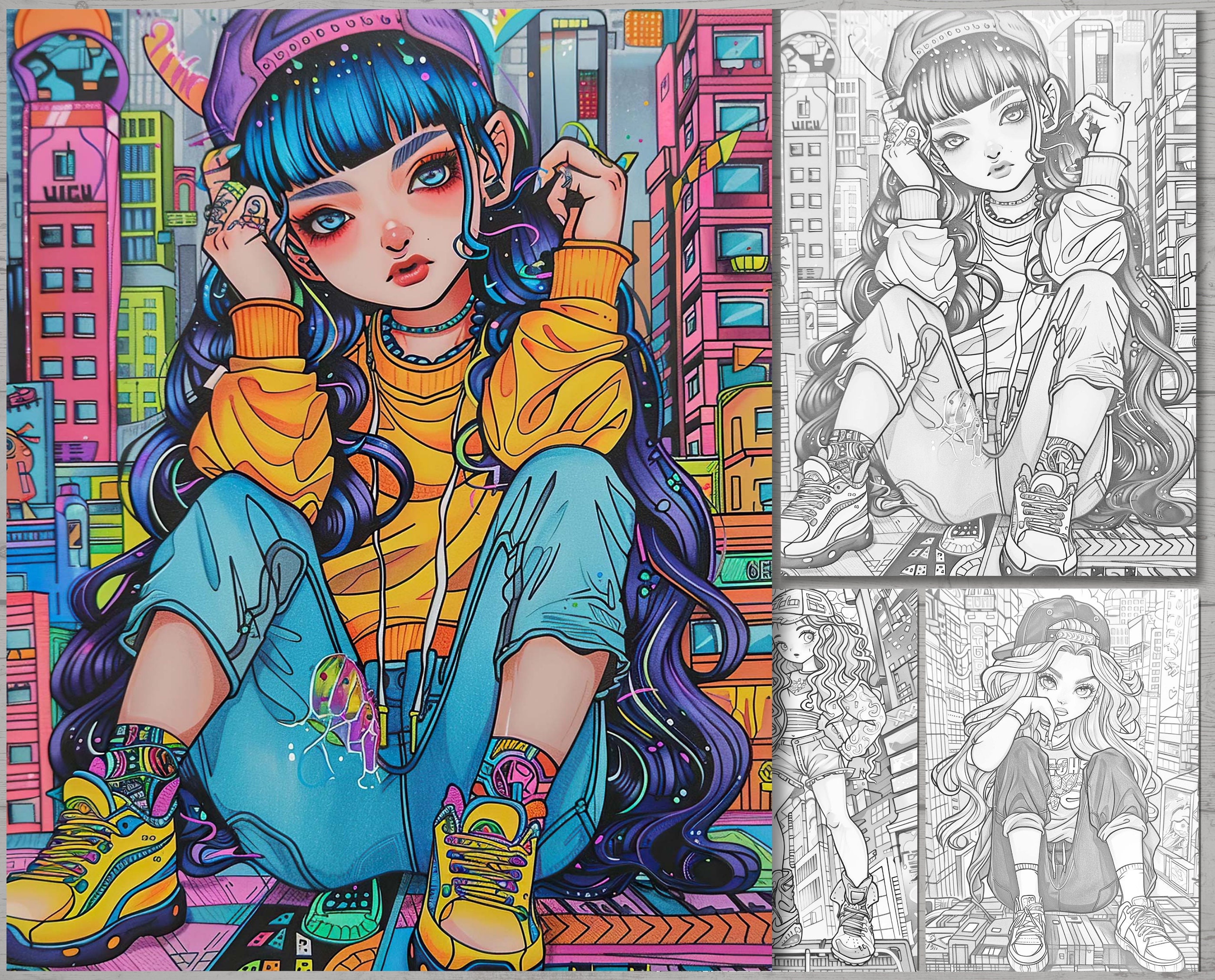 Lovely Hip Hop Girl in the Cityscape Coloring Book, Amusing Adult and ...