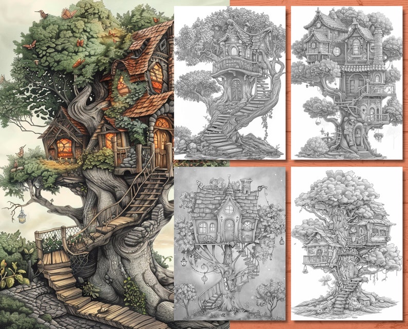 Fantasy Treehouse Coloring Pages for Kids and Adults, Tree Houses in ...