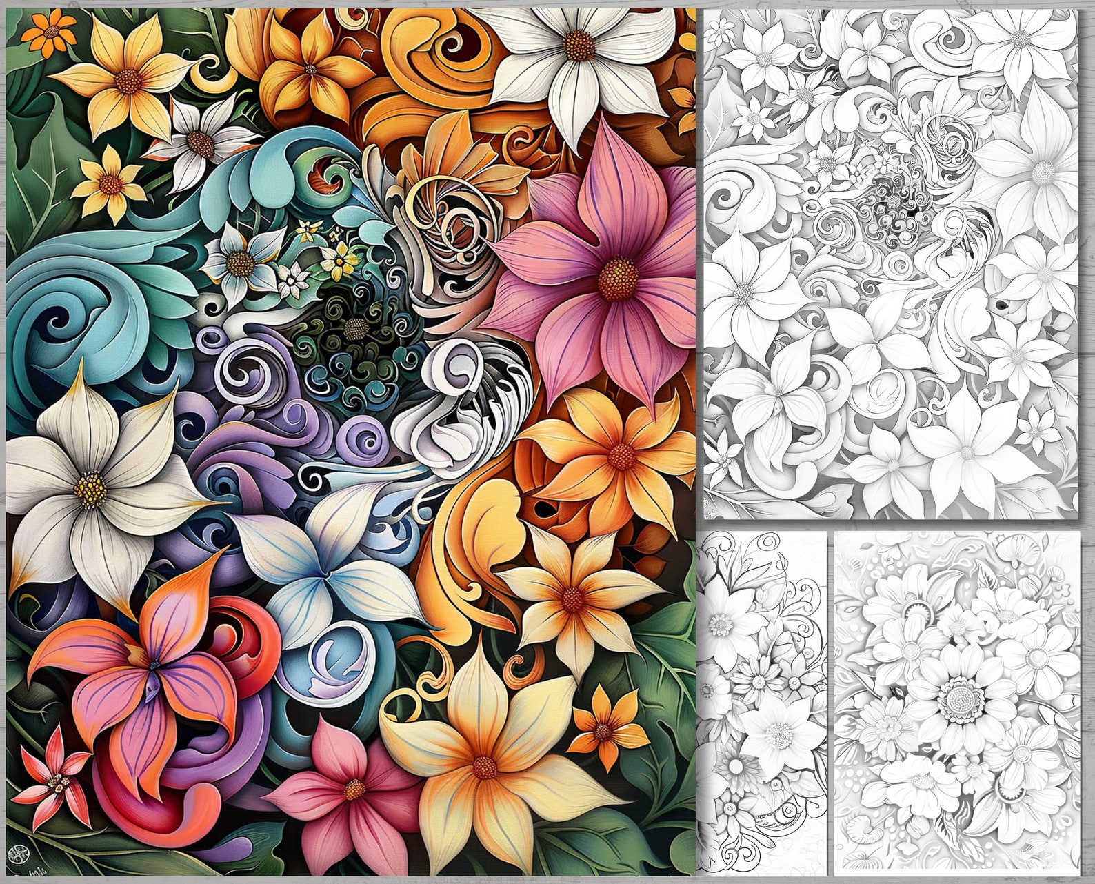 Spirals Flower Mandala Coloring Book, Adult and Kids Flower Coloring ...