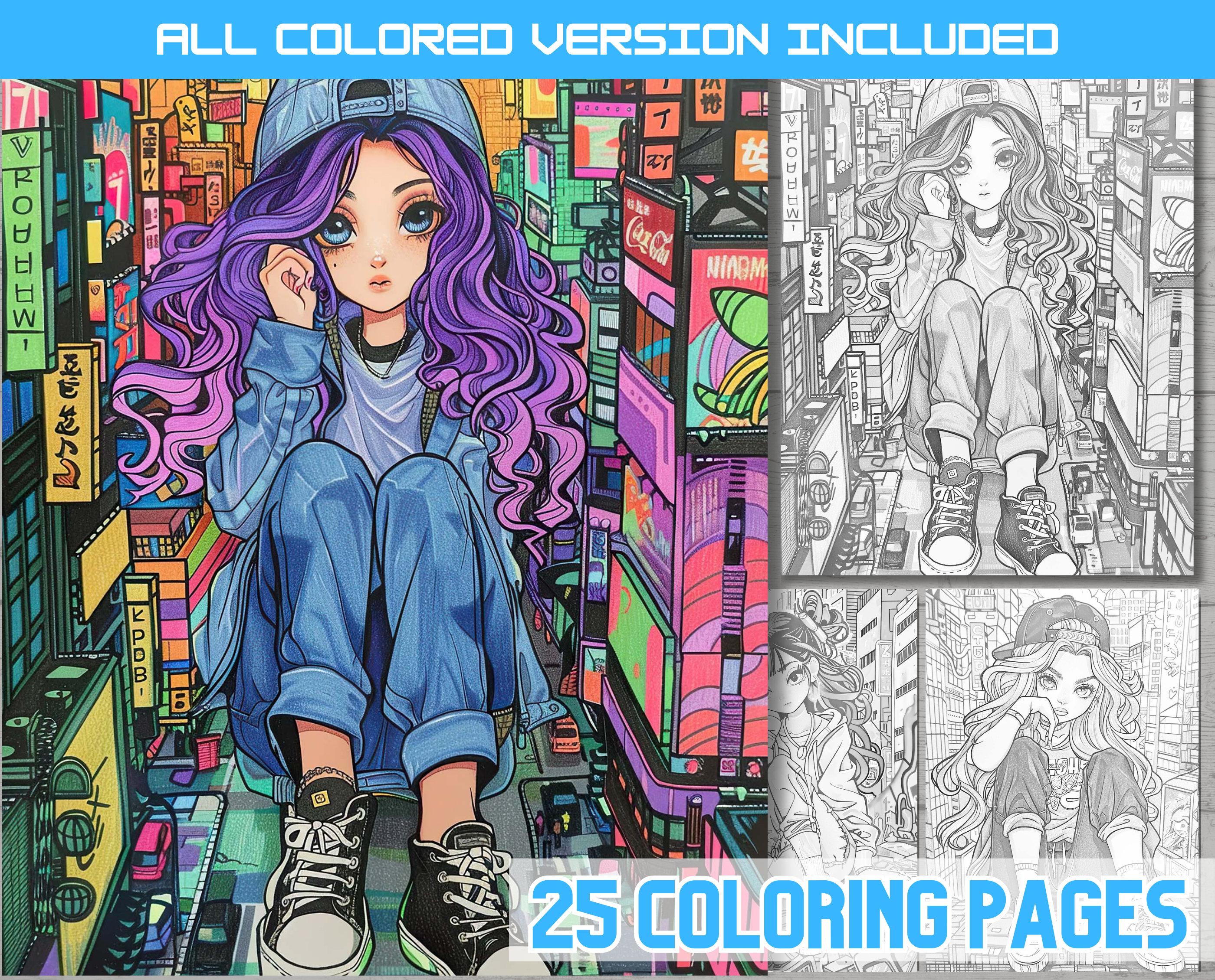 Lovely Hip Hop Girl in the Cityscape Coloring Book, Amusing Adult and ...