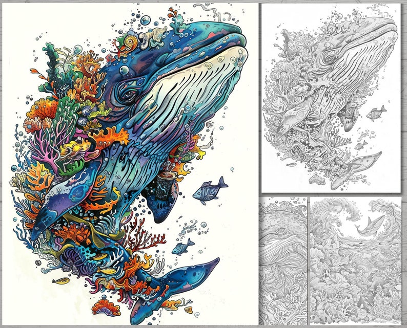 Surrealistic Marine Creatures Fantasy Coloring Book, Detailed Ocean ...