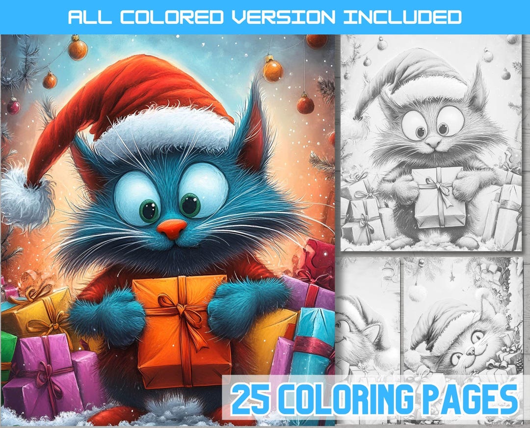 Cute Christmas Cat Coloring Book, Holiday Cats Coloring Pages, Xmas Pet ...
