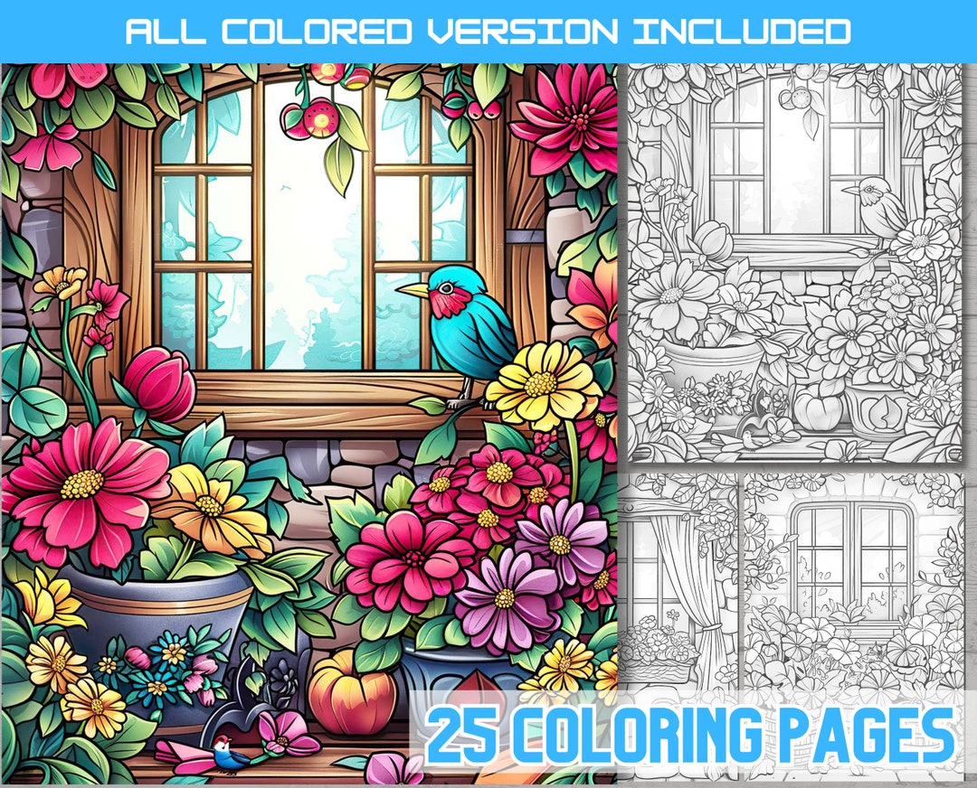 Floral Window Coloring Pages: Greyscale & Color (PDF File) - Etsy