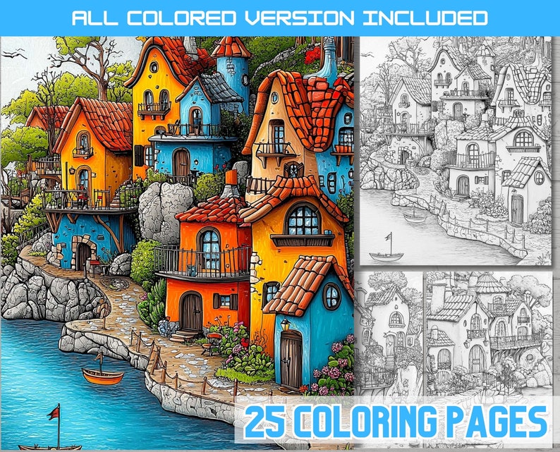 Fantasy Lake Village Coloring Book: Detailed Scenes, Relaxing Pages ...