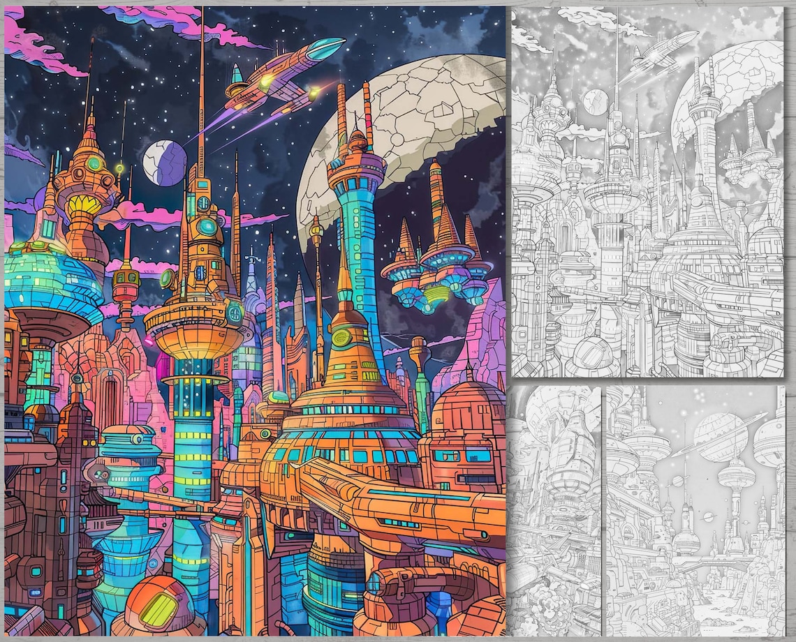 Futuristic City Coloring Pages: Space Metropolis Artwork (PDF Download ...