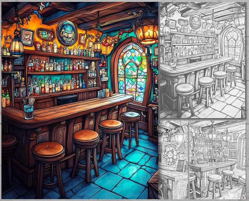 Vintage Interior of an Old Bar Coloring Book, Detailed Coloring Pages ...