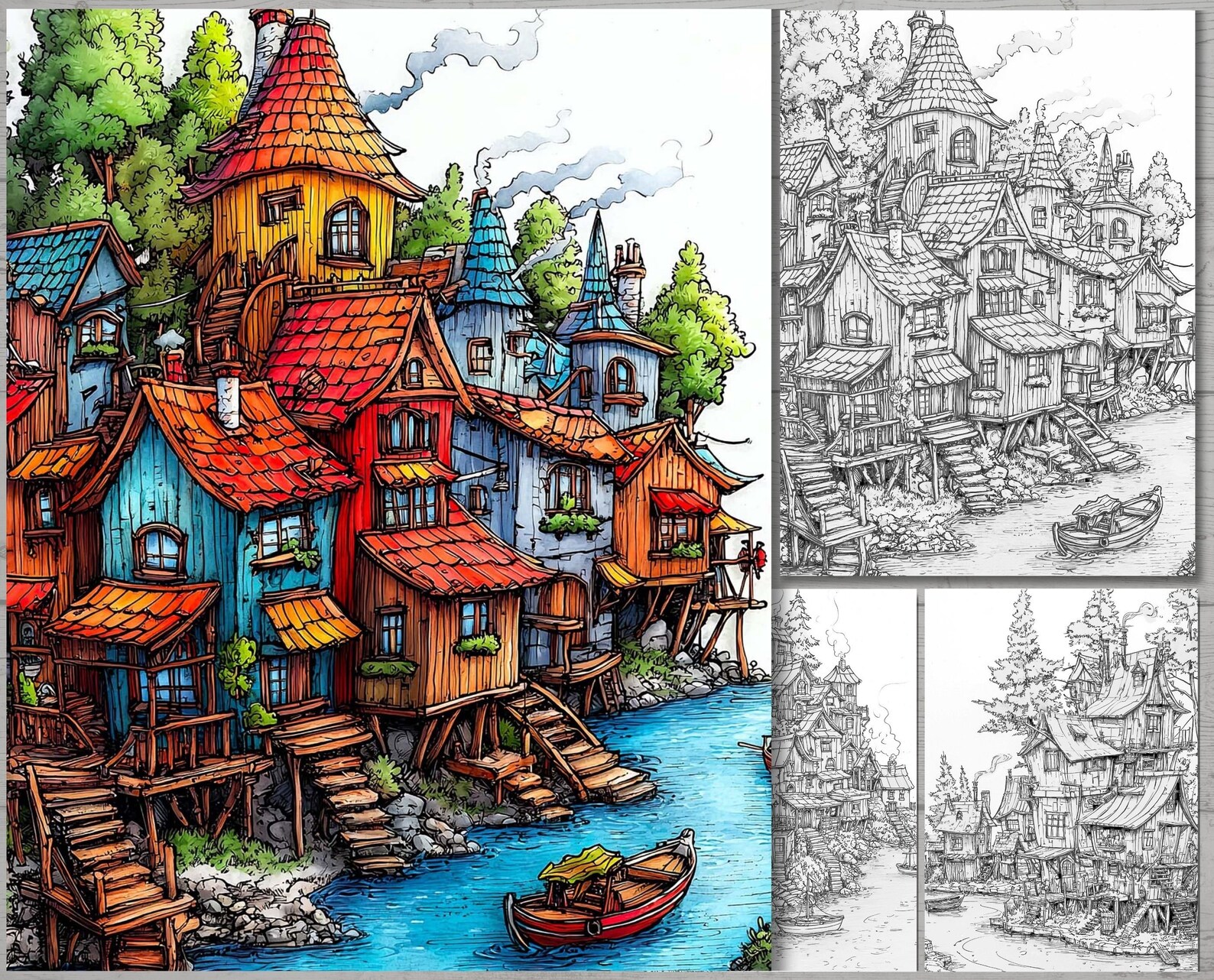 River Village Coloring Book: Ancient Cabins, Shacks (PDF Download) - Etsy