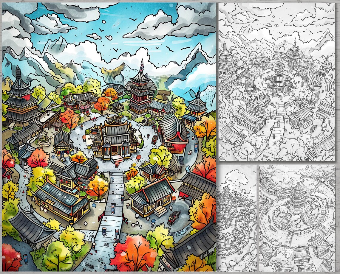 Ancient China Town Map Coloring Pages: Kids & Adults (digital Download ...