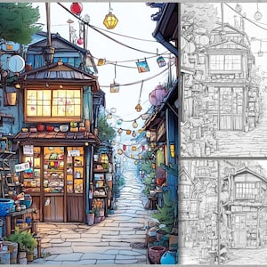 Charming Japanese Store Coloring Book, Unique Street Scene, Detailed ...