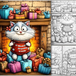 Cute Christmas Cat Coloring Book, Holiday Cats Coloring Pages, Xmas Pet ...