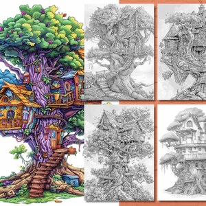 Fantasy Treehouse Coloring Pages for Kids and Adults, Tree Houses in ...