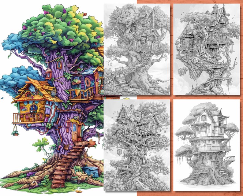 Fantasy Treehouse Coloring Pages for Kids and Adults, Tree Houses in ...
