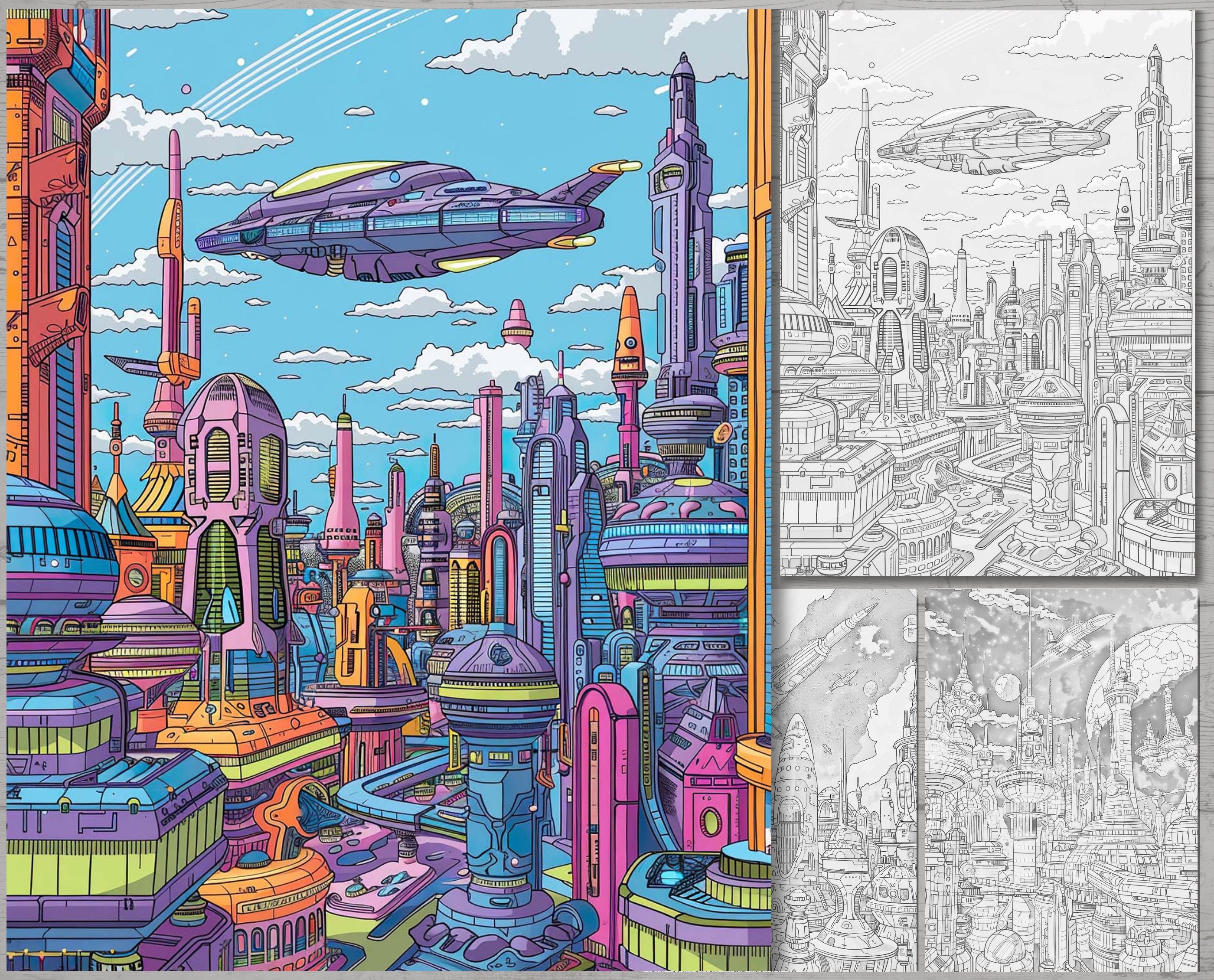 Futuristic City Spaceship Coloring Pages, Space Metropolis and Vehicle ...